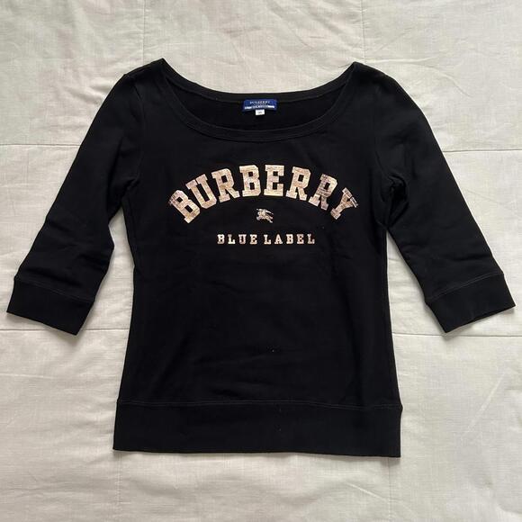 Burberry | Tops | Burberry Black Boat Neck Sweatshirt Logo Print Size ...